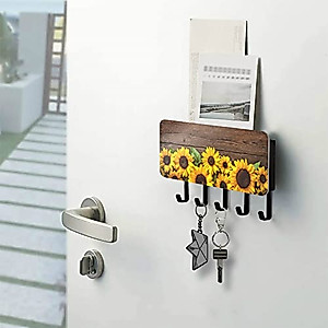 SUABO Key Holder for Wall Decorative, Sunflower on Wood Mail Holder Wall Mount, Wall Hooks for Hanging