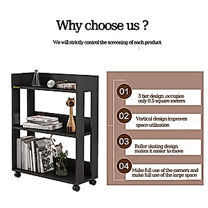 MIN WIN 3 Tier Open Bookshelf,Small Bookshelves Storage Display Shelf with Universal Wheels,Movable Standing Shelf Units,Wood Storage Rack for Small Spaces Home Office Bookcases Book Shelves, Black