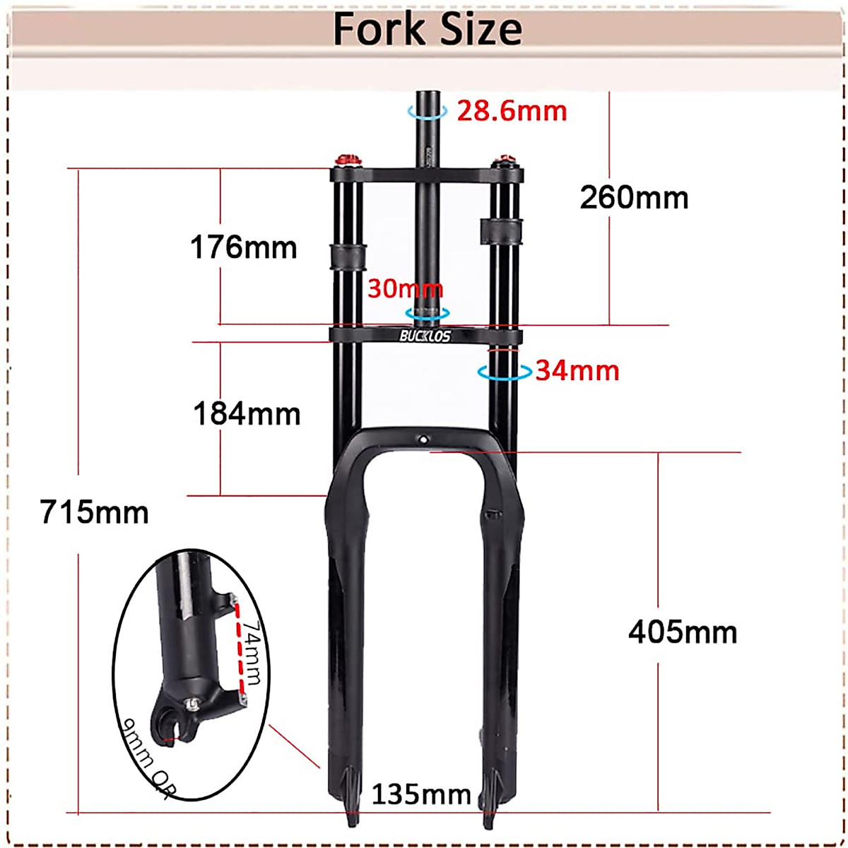 BUCKLOS 26 inch 4.0 Fat Tire Electric Bike Air Suspension Fork, 180mm Travel Spacing Hub 135mm 1 1/8 Straight Tube MTB Manual Lockout 9mm QR Mountain Bike Double Shoulder Ebike Front Forks