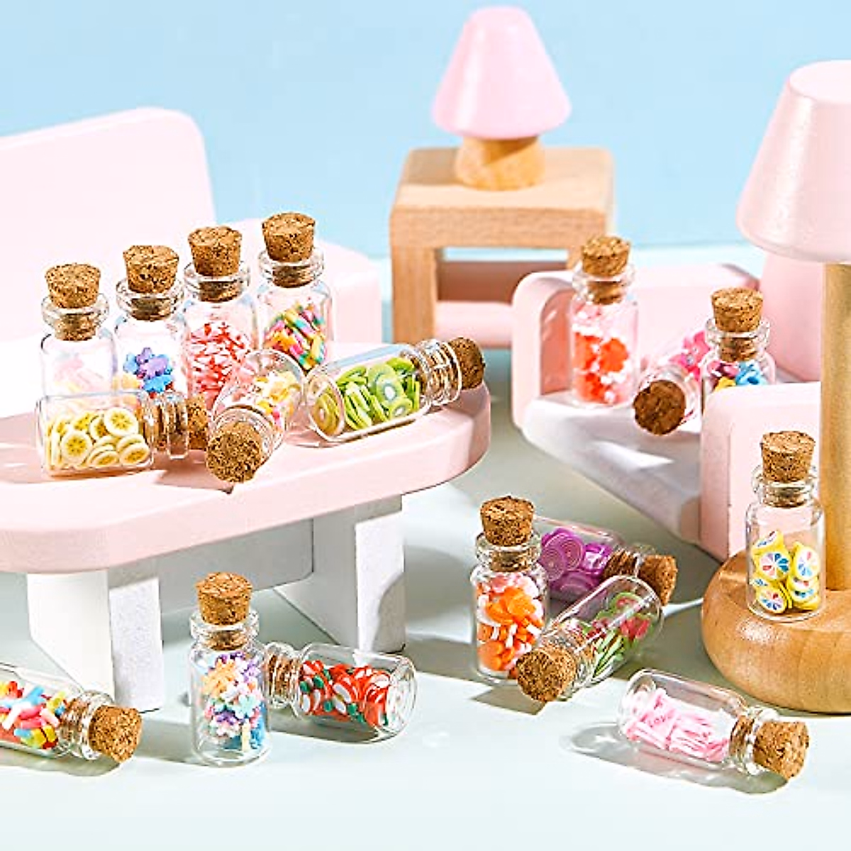 50 Pieces Cute Miniature Dollhouse Food Jar Glass Bottle 1:12 Mini Fruit Simulation Scene Candy Snack Model Game Party Toys Pretend Play Doll House Kitchen Decoration for Dollhouse