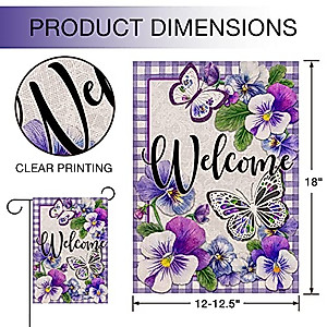 Hzppyz Welcome Summer Pansy Butterfly Garden Flag Double Sided, Purple Buffalo Plaid Check Decorative Yard Outdoor Small Decor, Spring Farmhouse Home Outside Decorations 12 x 18