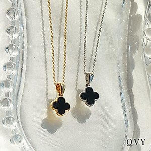 QVY Dainty Four Leaf Clover Necklace for Women 18K Gold Plated Black Onyx Lucky Clover Pendant Charm Nacre Jewelry Christmas Gifts for Mom [CVN-BK-G]