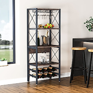 Tribesigns Wine Bakers Rack, 4-Tier Industrial Wine Rack freestanding Floor with Glass Holder and Wine Storage, Wine Bar Cabinet with Storage for Home Kitchen Dining Room, Rustic Brown
