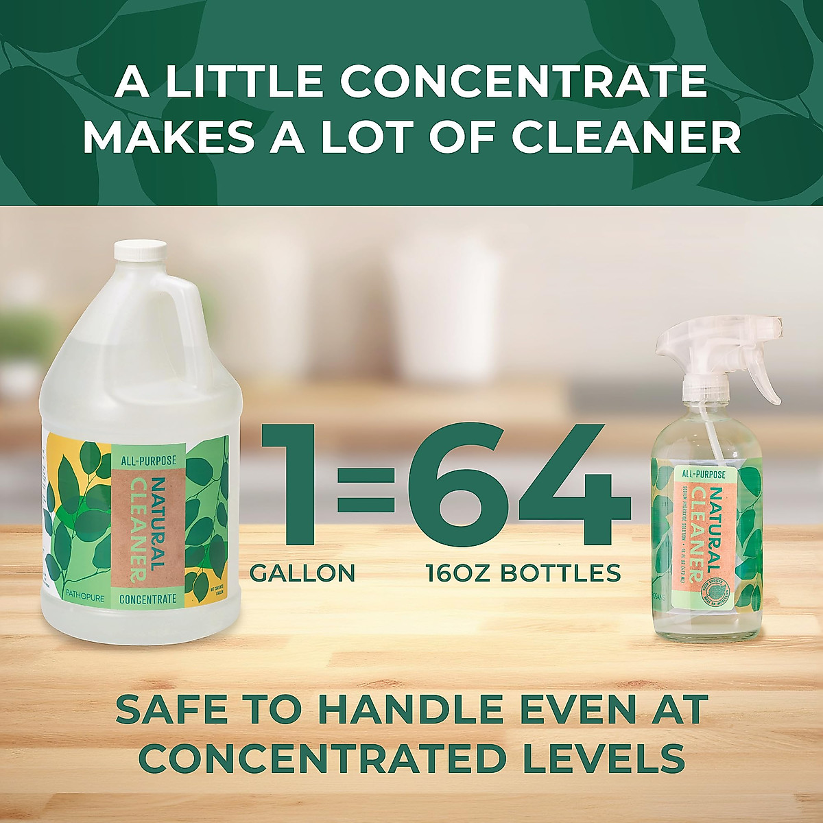 PathoPure Natural All-Purpose Cleaner Concentrate - Unscented, Non-Toxic for Cleaning Kitchen, Bathroom, Glass, Floor, Carpet & Upholstery Stains - 1 Gallon (Makes 64 Bottles)