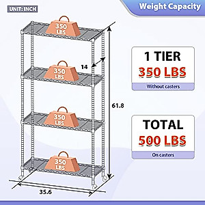 FDW 4-Tier Wire Shelving Storage Shelves Adjustable NSF Wire Shelf Heavy Duty Storage Shelving Unit on 3” Wheel Casters Commercial Metal Wire Rack 36L x 14W x 62H,Chrome