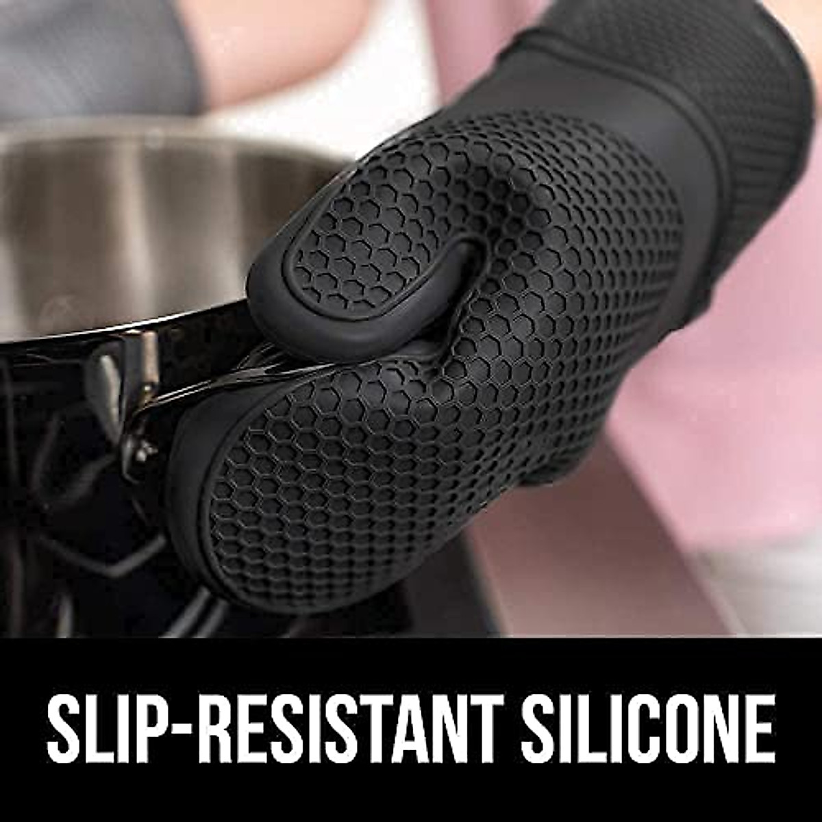 Gorilla Grip Cutting Board Set of 3 of and Silicone Oven Mitts Set of 2, Black Cutting Boards are Dishwasher Safe, Black Silicone Oven Mitts are Waterproof, 2 Item Bundle