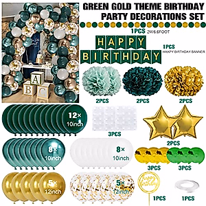 Green Gold Party Decorations Men Women 55PCS Retro Dark Green Gold Balloons Garland Kit Tissue Pom Poms Flowers Happy Birthday Banner Metal and Sequin Balloons Swirl Streamers for Retire Baby Shower