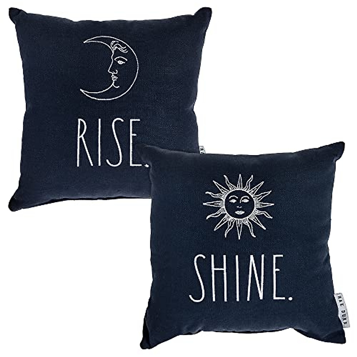 Rae Dunn Decorative Throw Pillows, Decor for Living Room and Bedroom, 2 Pack of 12x12 inch Pillows, Soft, Throw Pillows for Couch, Bed, Chair, Labelled Rise, Shine in Signature Font