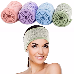 Whaline 4Pcs Spa Facial Headband Super Absorption Makeup Hair Wrap Adjustable Coral Fleece Hair Band Soft Towel Head Band for Face Washing Shower Sports