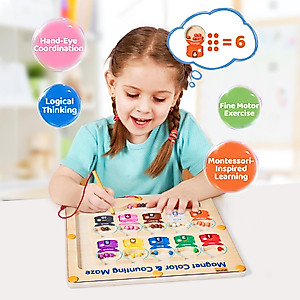 JoyCat Magnetic Color & Number Maze - Montessori Wooden Color Matching Learning Counting Puzzle Board - Toddler Fine Motor Skills Toys for Boys Girls 3 4 5 Years Old