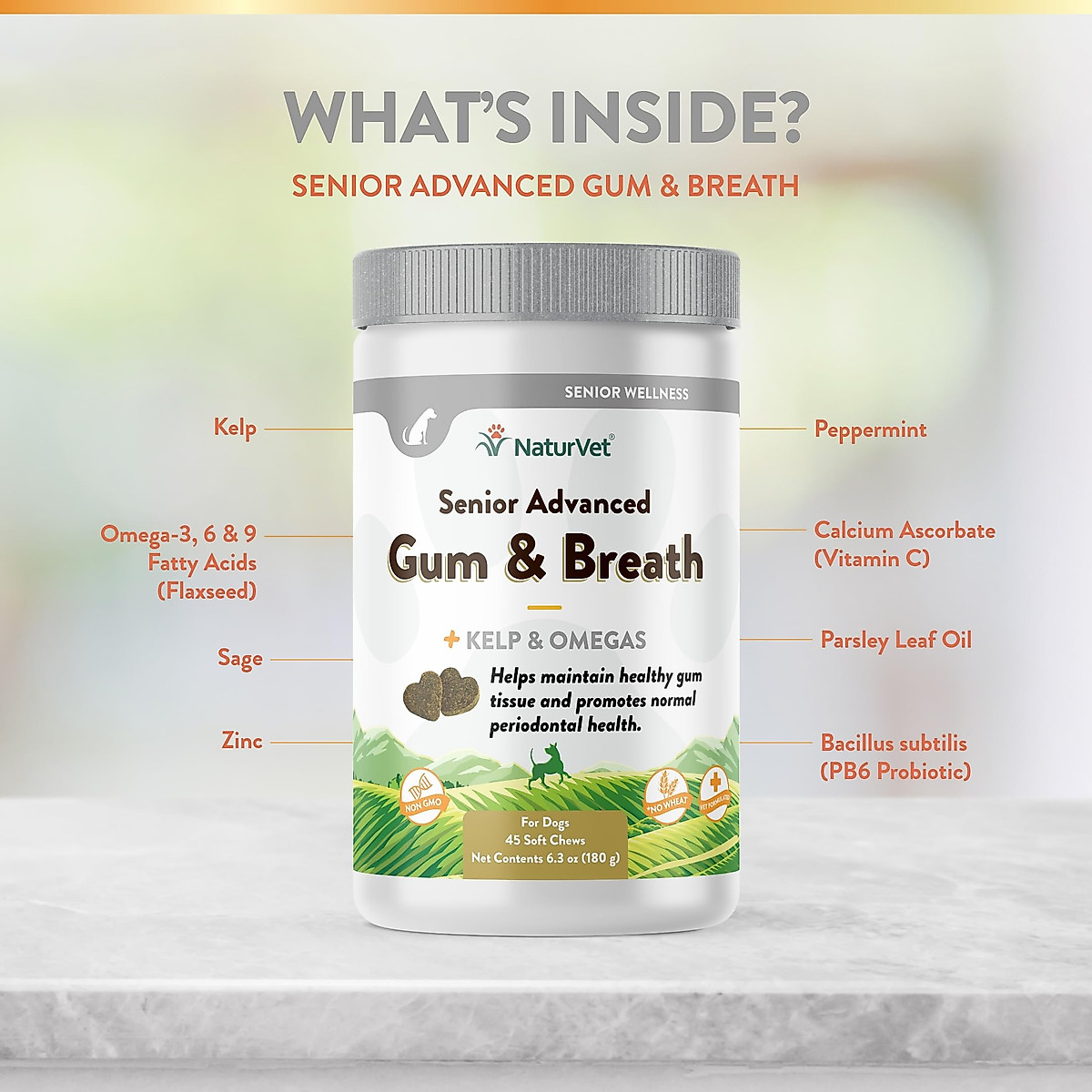NaturVet Senior Advanced Gum & Breath Dog Supplement – Includes Peppermint, Parsley Leaf to Help Promote Periodontal Health, Fresh Breath for Dogs – 45 Ct. Soft Chews