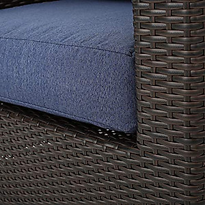 Christopher Knight Home Connie Outdoor 4 Seater Wicker Swivel Chair and Fire Pit Set, Mixed Brown + Navy Blue + Hammered Bronze