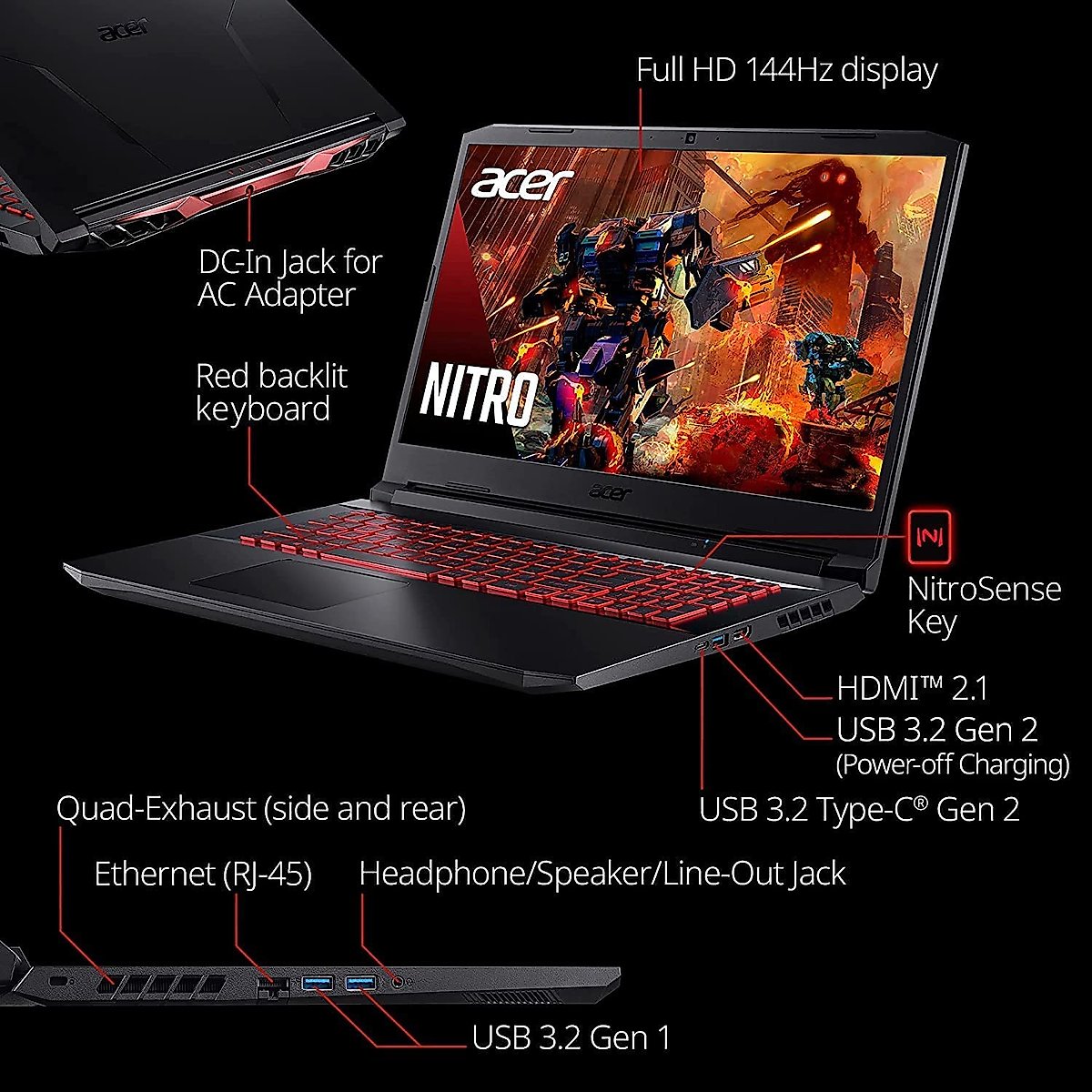Acer 2022 Newest Nitro 5 Gaming Laptop, 15.6" FHD 144Hz IPS-Display, Intel Core i7-11800H, NVIDIA GeForce RTX 3050 Ti, 8GB DDR4, 1TB SSD, Backlit KB, Killer Wi-Fi 6, Windows 11, Black