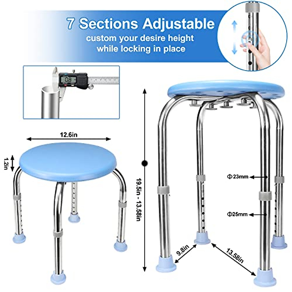 UGarden Heavy Duty Stainless Steel Shower Stool, 350lbs Bath Seat Chair, Round Bathtud Seat w/Assist Grab Bar, Handicap Bathroom Stool, Adjustable Bath Stool Seniors, Disabled, Handicap, Injured