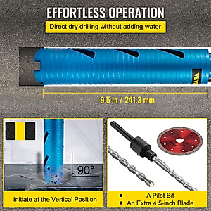 VEVOR Core Drill Bit, 2.5" / 63.5 mm Diameter 5/8"-11 Threaded, 9.5" / 241.3mm Depth Diamond Dry Coring Bore Tool with a Pilot Bit & 4.5" Blade, Masonry Hole Saw Bits for Hard Concrete Brick and Block