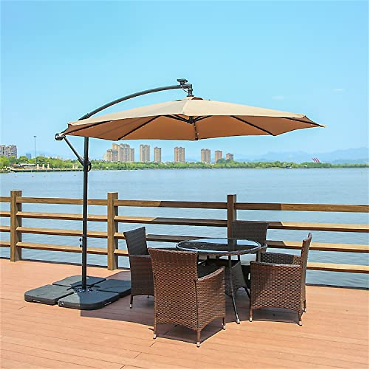 10FT LED Outdoor Patio Umbrella, Solar LED Offset Hanging Market Patio Umbrella, Solar Light Cantilever Umbrella, 8 Ribs Adjustment, for Pool, Yard, Garden,Coffee