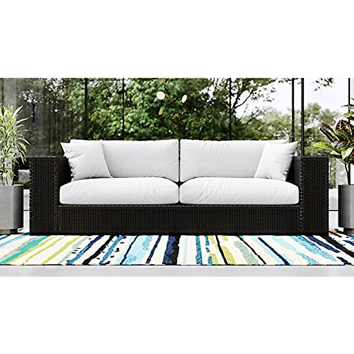 Zuri Modern Marquesa Outdoor Black Wicker Sofa with Quick Drying Cushions in White