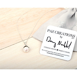 Paz Creations 925 Sterling Silver Pearl Pendant Necklace with Round Ball-Shape White Freshwater Pearl and Handcrafted Floral Cap - Natural Elegant Jewelry