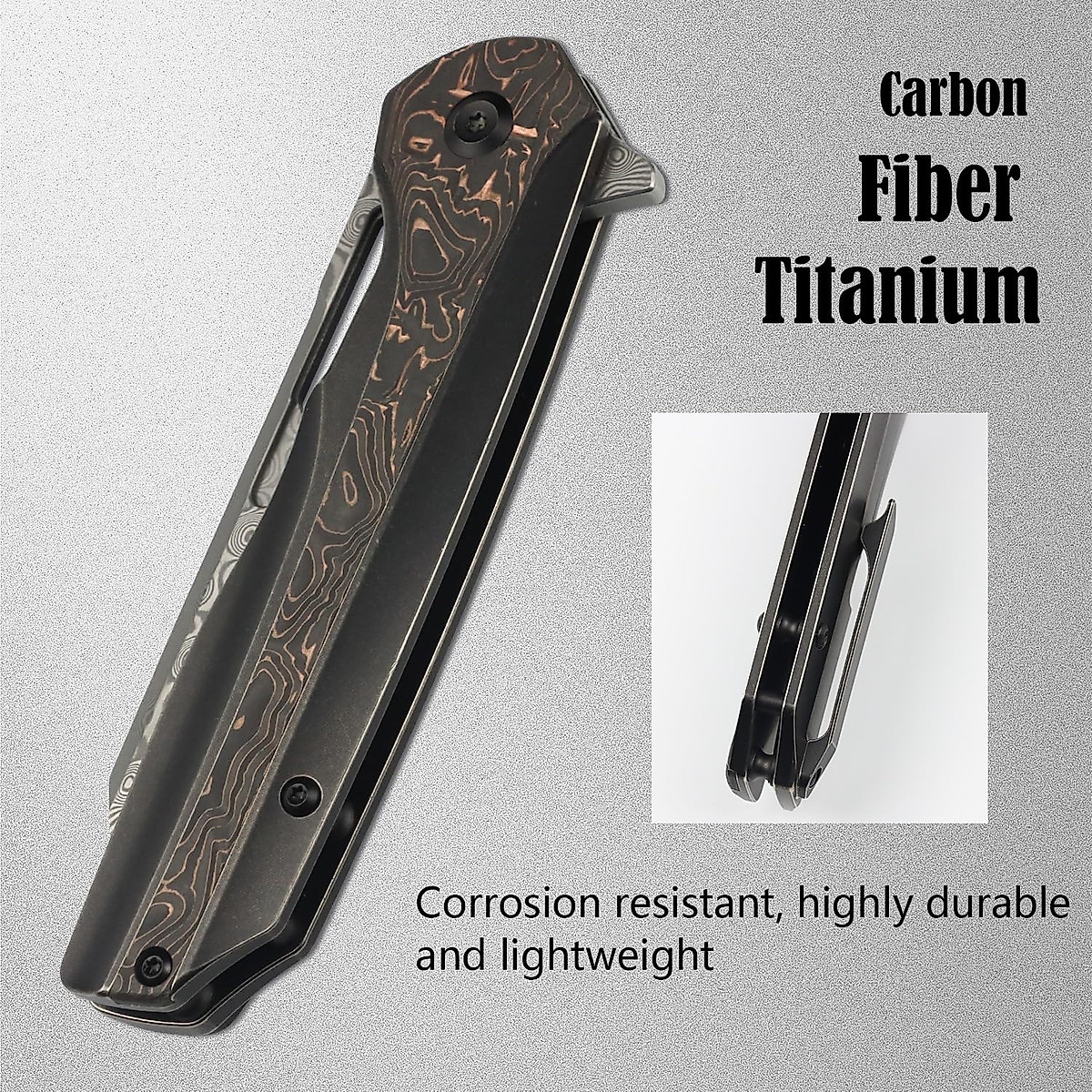 KANSEPT Shard Pocket Folding Knives for Men EDC Camping Folding Knife 3.48'' Damascus Material Pocket Folding Knife with Blackwash Titanium Copper Carbon Fiber Handle Everyday Carry K1006C2