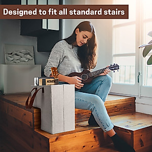 SAM AND MABEL Stair Baskets for Carpeted and Wooden Stairs – 16" L x 10" W x 16" H Staircase Basket with Handles, Collapsible Stairstep Storage Organizer for Home and Office Decor (Natural Beige)