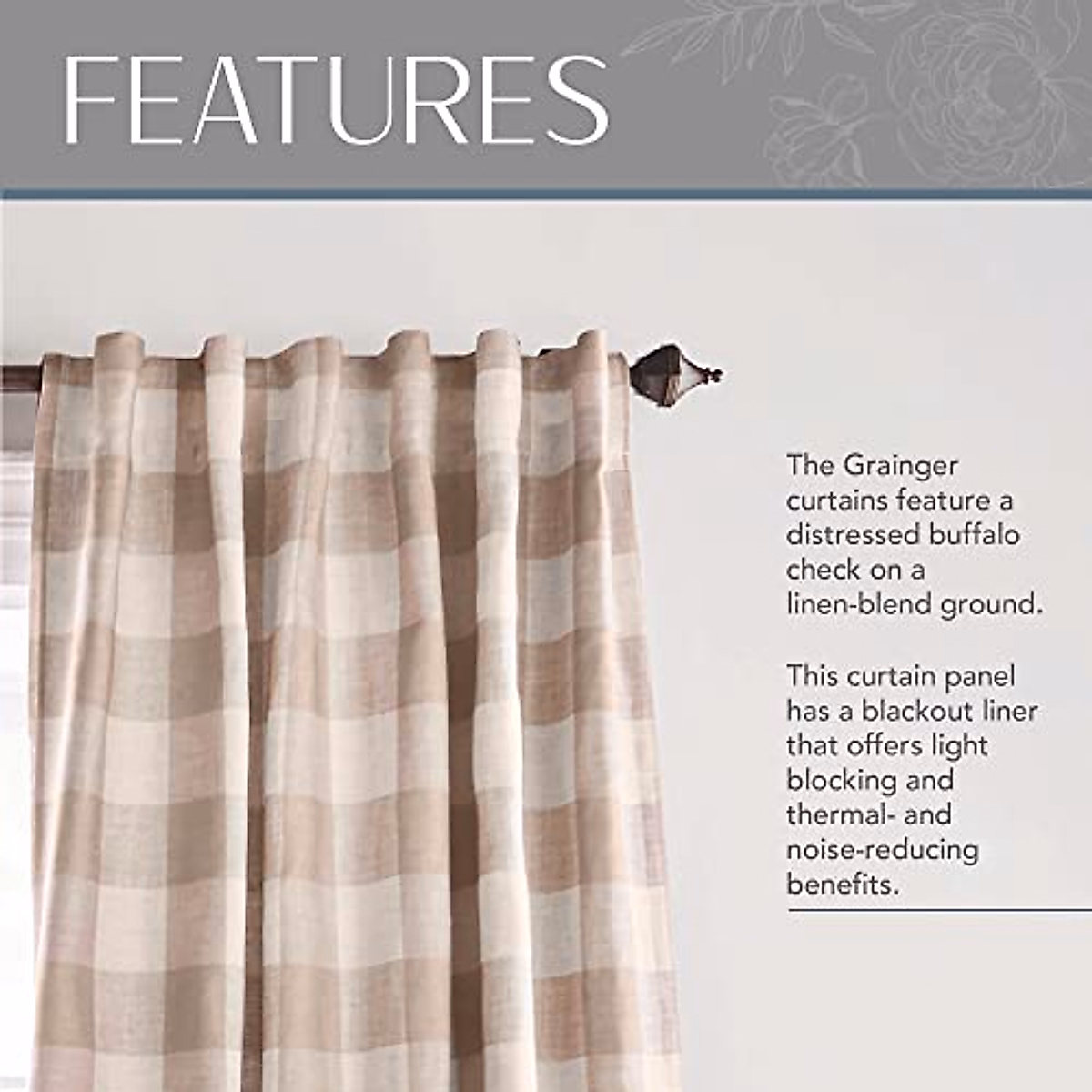 Elrene Home Fashions Farmhouse Living Grainger Buffalo-Check Blackout Window Curtain, Living Room and Bedroom Drape with Rod Pocket Tabs, 52" x 84", Linen, 1 Panel