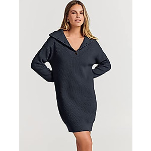 ANRABESS 2023 Fall Long Sleeve Womens Sweater Dress Oversized Lapel Collar Button V Neck Ribbed Loose Fit Casual Trendy Pullover Short Mini Fashion Dresses B782zanglan-L Navy Blue