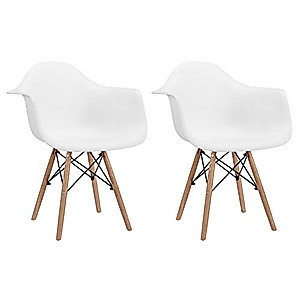 CangLong Natural Wood Legs Mid Century Modern DSW Molded Shell Lounge Plastic Arm Chair for Living, Bedroom, Kitchen, Dining, Waiting Room,2 PCs Pack- White, Set of 2, White