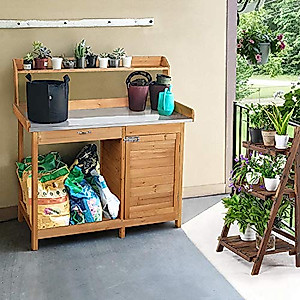 Yaheetech Outdoor Potting Bench Table, Garden Workstation w/Metal Tabletop/Cabinet Drawer/Open Top/Lower Shelf/Handy Hooks for Horticulture, Natural Wood