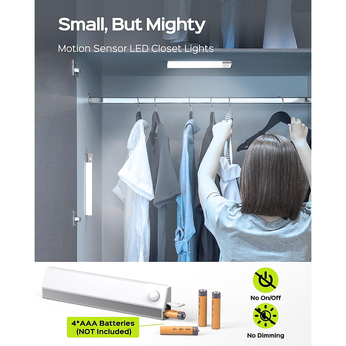 JACKYLED Closet Lights Battery Operated, 3 Pack Under Cabinet Motion Sensor Light Indoor, Stick-on Night Lights for Kitchen, Closet, Pantry (Battery NOT Included)