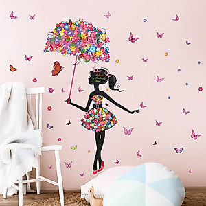 Supzone Flower Fairy Wall Decal Girl with Umbrella Wall Sticker Colorful Butterfly Floral Wall Decor DIY Vinyl Mural Art for Girls Baby Nursery Bedroom Living Room Playroom