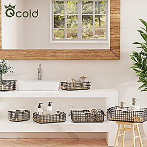 Metal Wire Basket Storage, Bathroom Basket for Organizing, Bathroom Counter Organizer with Wooden Handles, Farmhouse Bathroom Decor Tray, Toilet Paper Basket Storage (Small, Black)