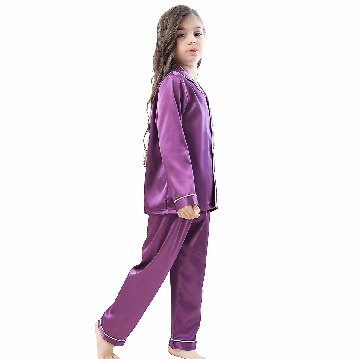 Pajamas Kid Unisex Pjs Set Girls Boys Silk Pajamas Set Satin Long Sleeve 2 Piece Clasic Sleepwear for 2-12 Years Todder Purple