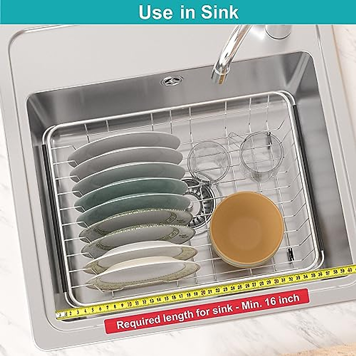 iPEGTOP Expandable Deep & Large Dish Drying Rack, Over The Sink, in Sink Or On Counter Dish Drainer Basket Shelf with Grey Removable Utensil Silverware Holder, Rustproof Stainless Steel