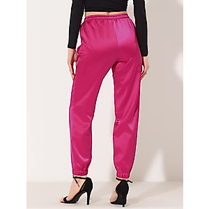 Allegra K Women's Drawstring Elastic Waist Athleisure Pants Ankle Length Satin Joggers with Pocket Large Hot Pink