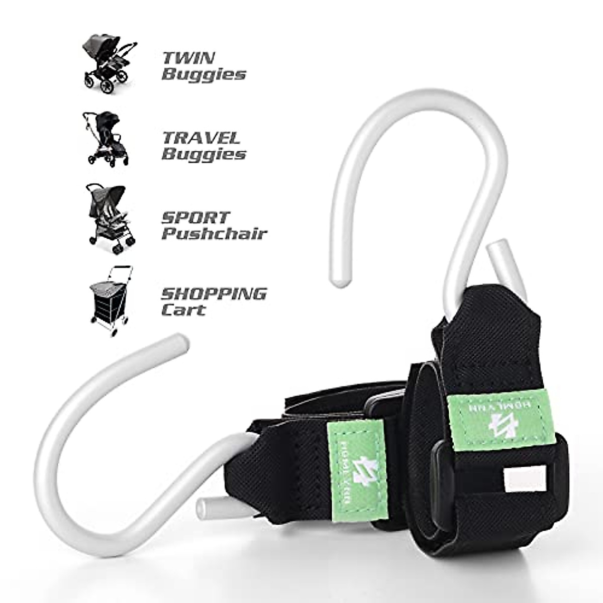 Stroller Hooks 2 Pack –for Stroller Accessory Hook, Durable Mommy Hook - Baby Stroller Hanging Hooks, Wheelchair, Rollator, Walker, Car Hooks (Green)