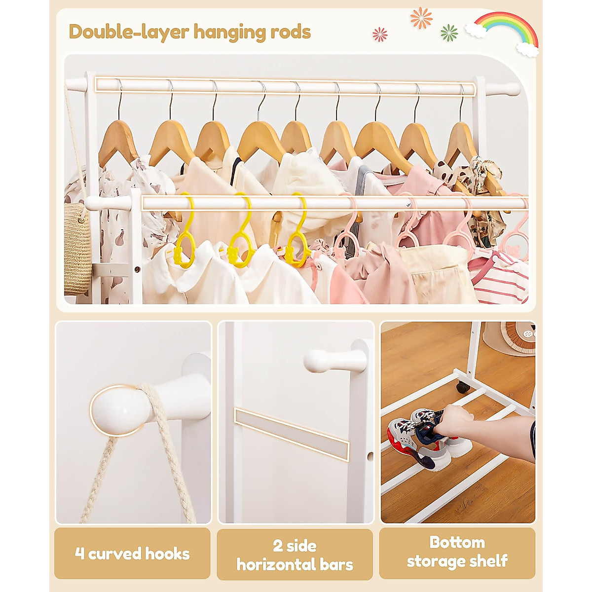 Cozivolife Kids Clothing Rack Bamboo with 2 Hanging Rods and 4 Hooks, Kids Dress Up Rack on Wheels, Small Child Garment Rack for Playroom,Toddlers Bedroom (White)