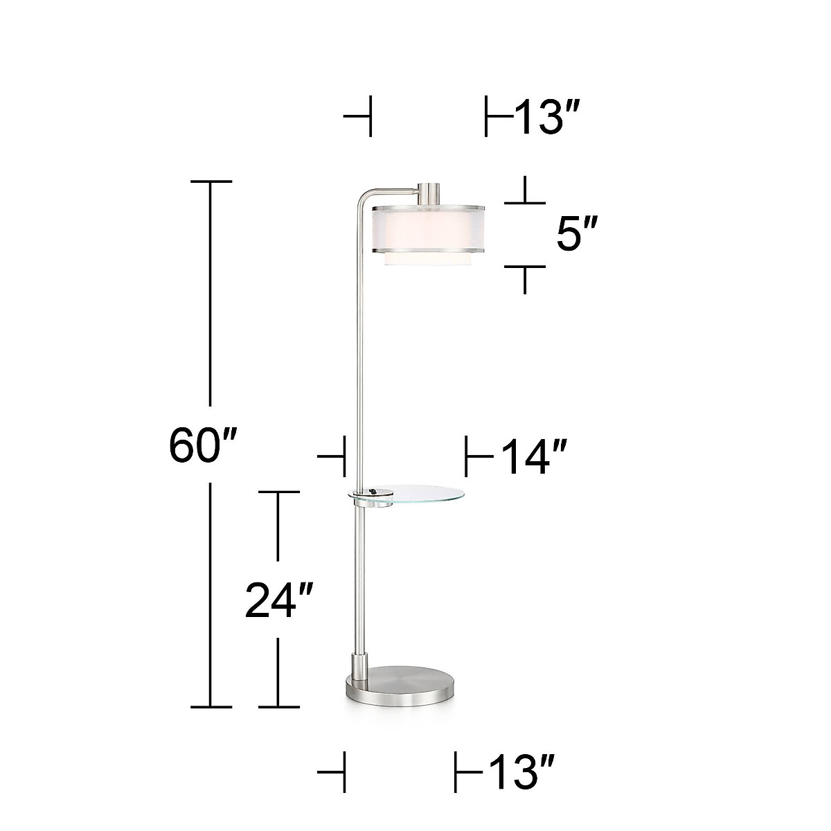 Possini Euro Design Vogue Modern Floor Lamp with Table Tempered Glass 60" Tall Brushed Nickel White Linen Silver Organza Double Drum Shade USB Charging Port for Living Room Reading House Bedroom