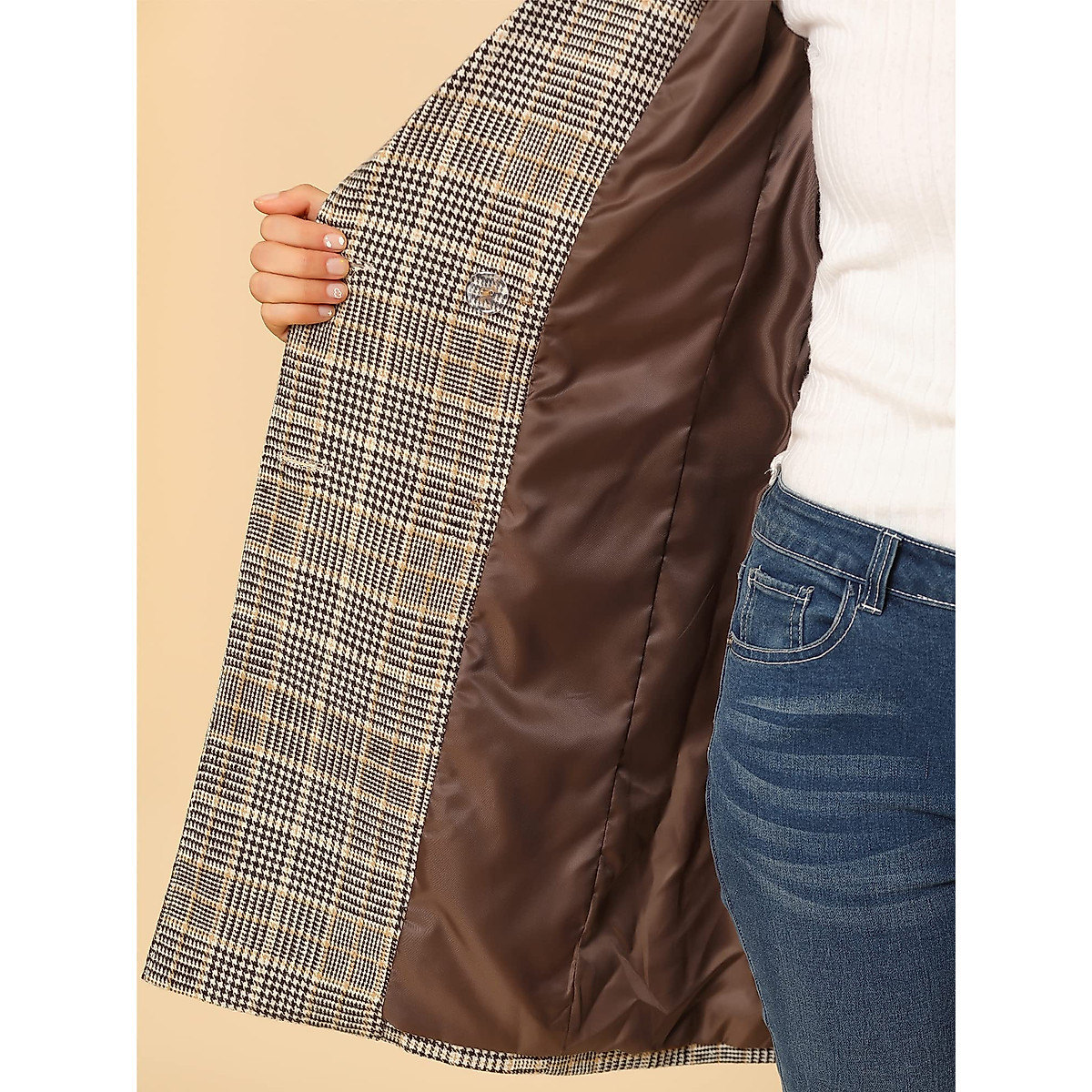 Allegra K Women's Double Breasted Notched Lapel Plaid Trench Blazer Coat Medium Brown