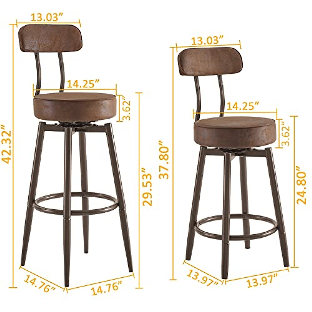 DYH Bar Stools with Back Set of 2, Swivel Kitchen Counter Stools, Industrial Round Barstool Chocolate Brown Bar Chairs, 24 or 29 Inch