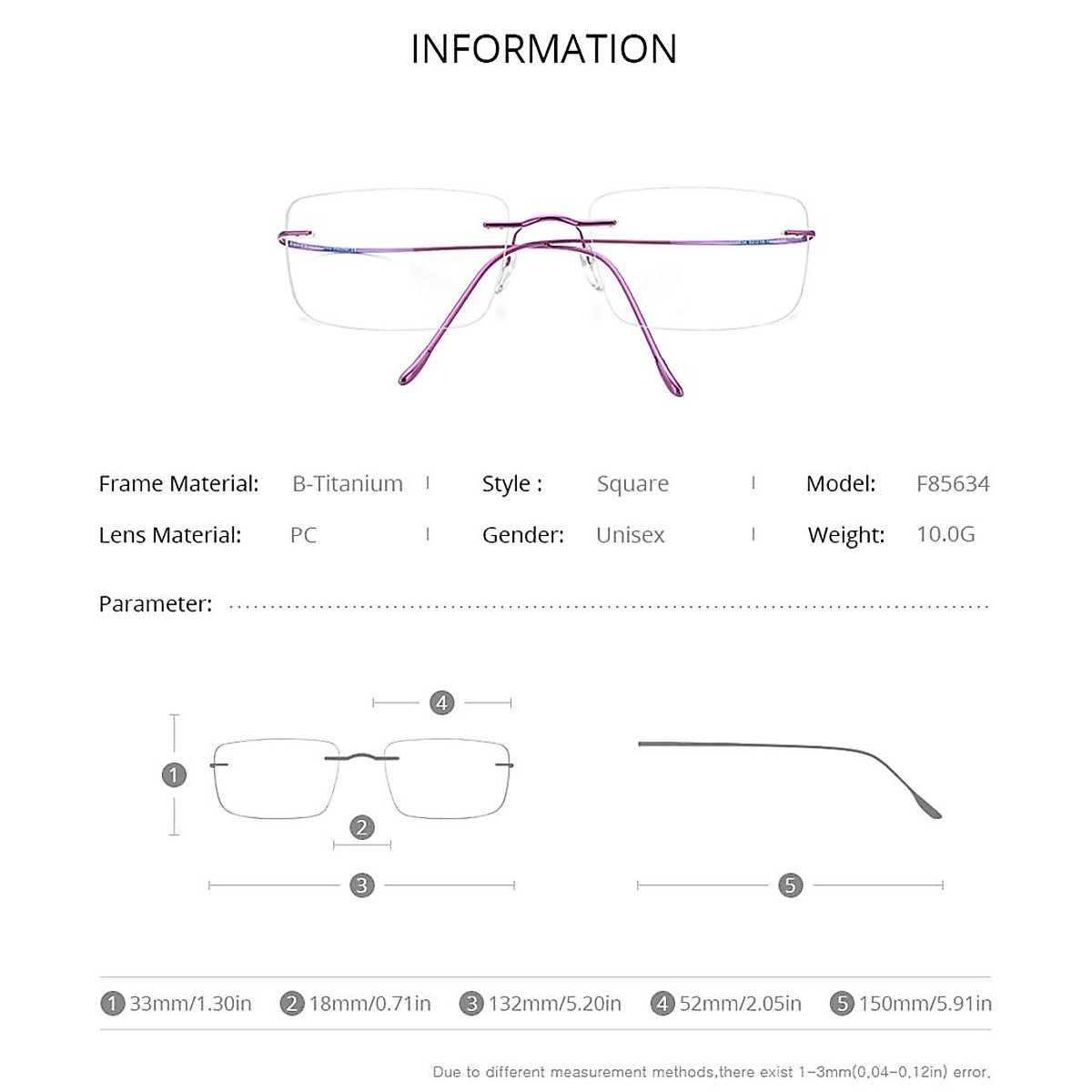 FONEX Titanium Glasses Frame,Rimless Frameless Optical Eyewear Eyeglasses for Men and Women F85634 (Silver)