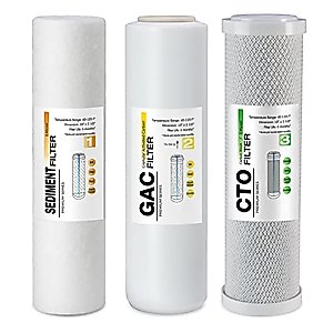 iSpring F3US Standard Reverse Osmosis RO Systems 6-Month Prefilter Replacement Supply Cartridge Pack Set, 3 Filters w/Sediment, CTO and GAC, 10" X 2.5", Fits PH100, RO100, Made in USA