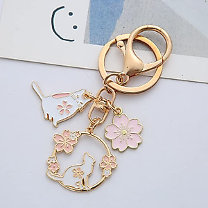 Fuqimanman2020 Cute Metal Rabbit Keychain Pink Red Drop Oil Cherry Blossom Rabbit Keychain for Women Gift-Cat