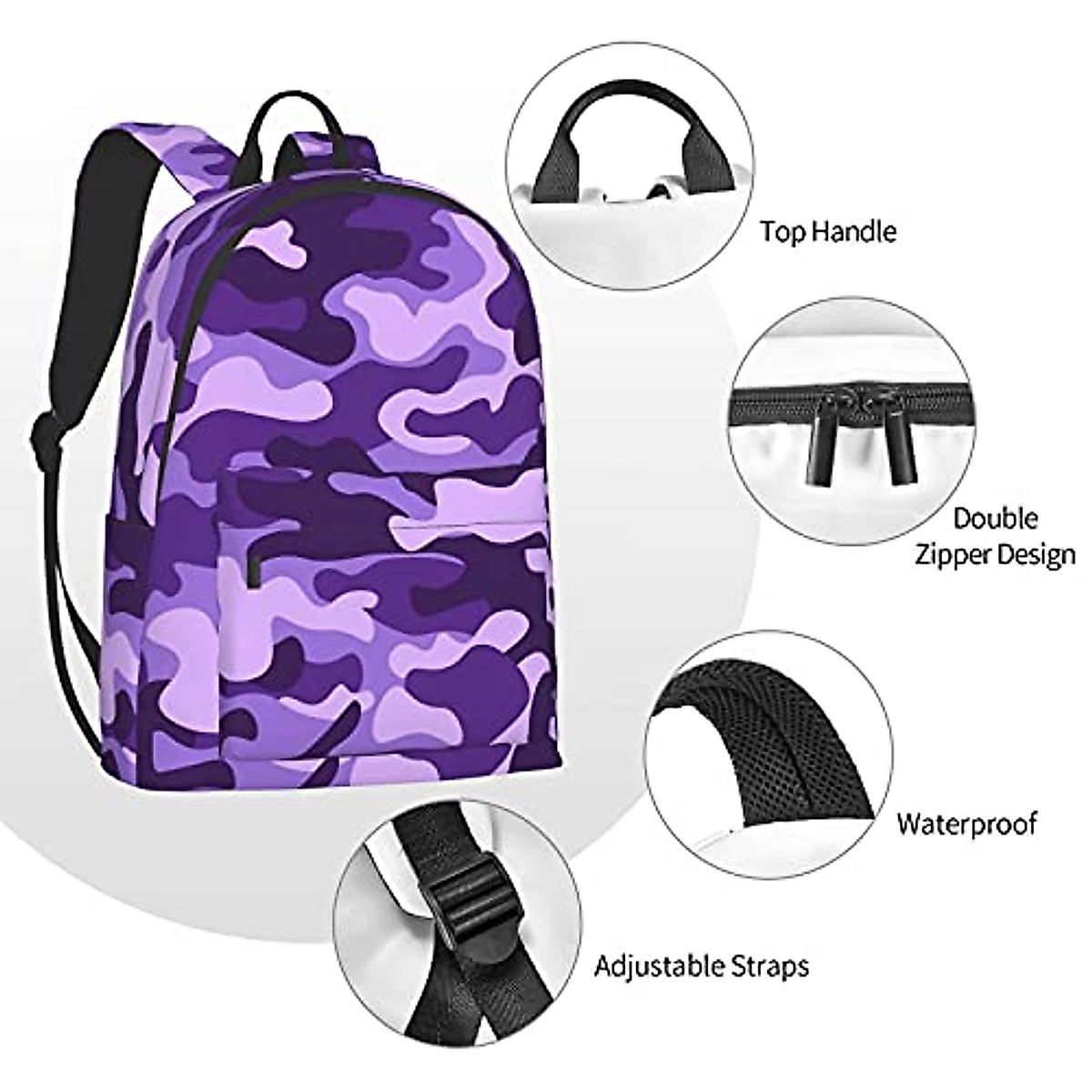 Famame 16 Inch Backpack Military Camouflage Purple Camo Print Laptop Backpack Shoulder Bag College School Bookbag Large Casual Daypack