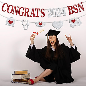 Congrats 2024 BSN Banner - Nurse Grad Party Decoration Supplies - Nursing School Survivor Graduation Party Bunting Sign/Photo Props, Silver and Red Glitter