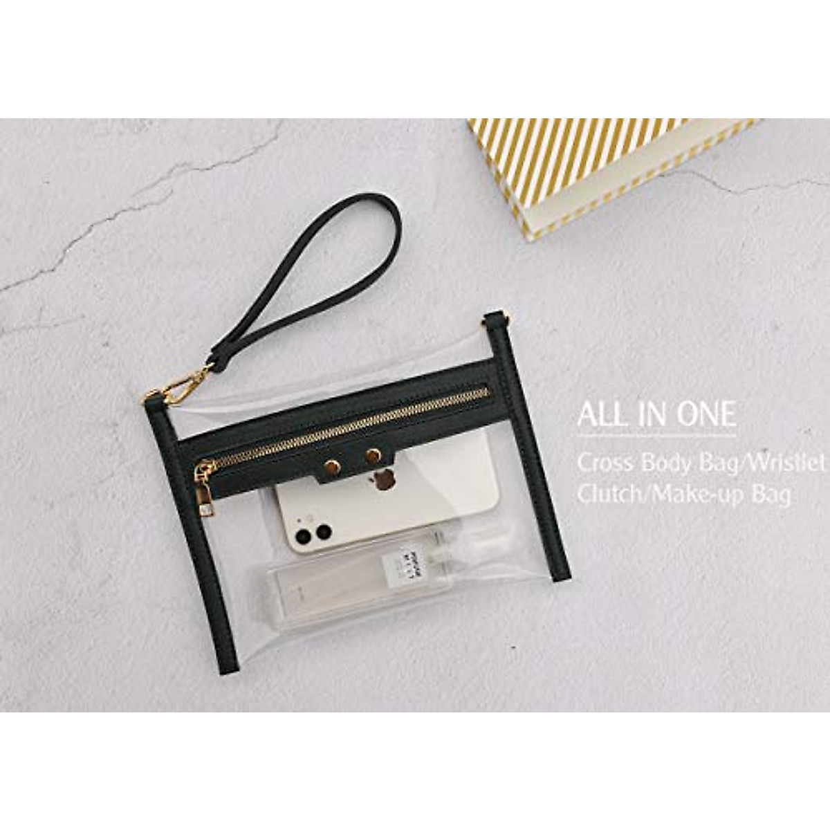 HOXIS Clear Zipper Purse Stadium Approved Women Chain Crossbody Bag Convertible Wristlet Clutch (Black)