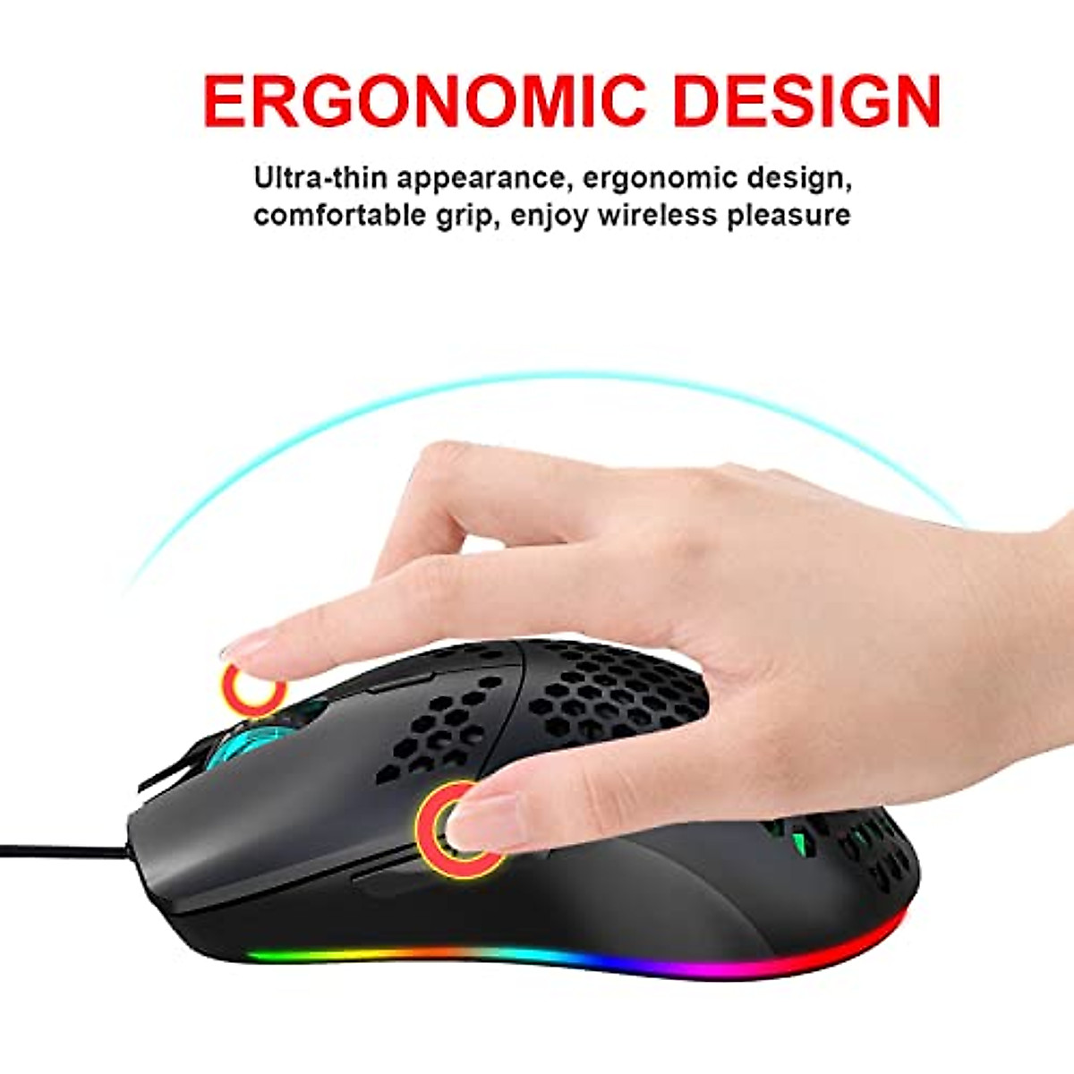 Ruiqas Optical Mouse 6 Buttons Macro Programmable Ergonomic Wired Gaming Mouse with RGB Light 6400DPI for Desktop PC Computer