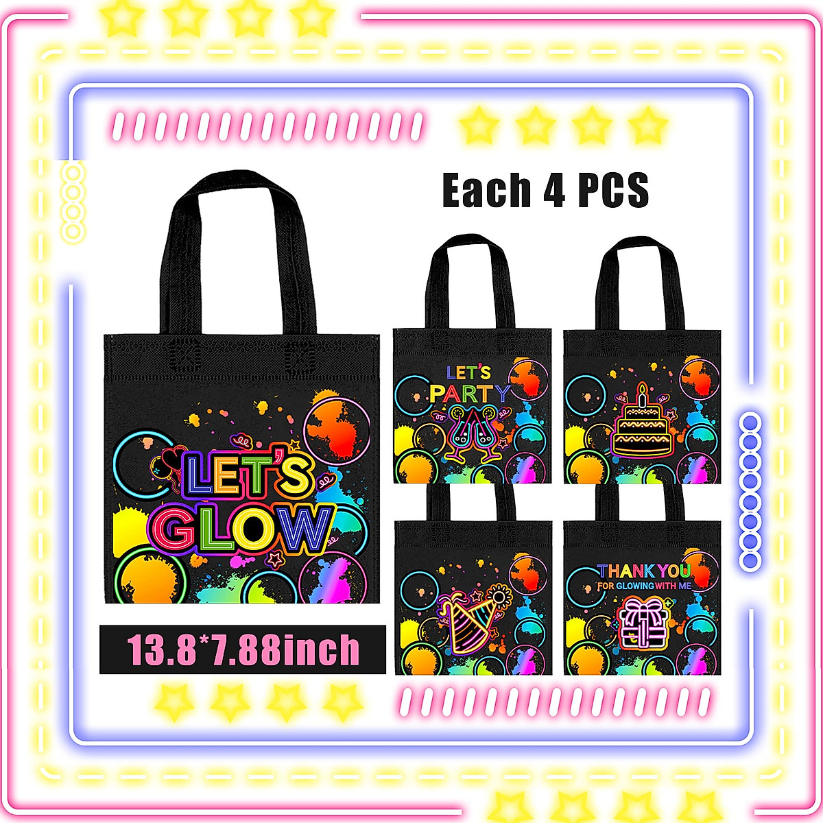 BANBALLON 20 PCS Neon Party Favor Bags Glow Birthday Party Supplies Glow in the Dark Party Favor Bags Glowing with Me Goodie Bags for Neon Theme Birthday Party Let's Glow Party Supplies