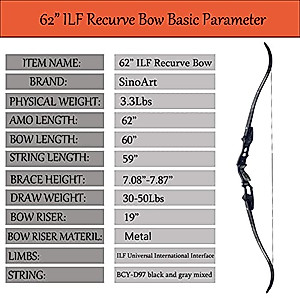 TBOW 62” ILF Recurve Bow with Gordon Limbs 30-60Lbs for Adult Archery Competition Athletic Right Hand (50Lbs)