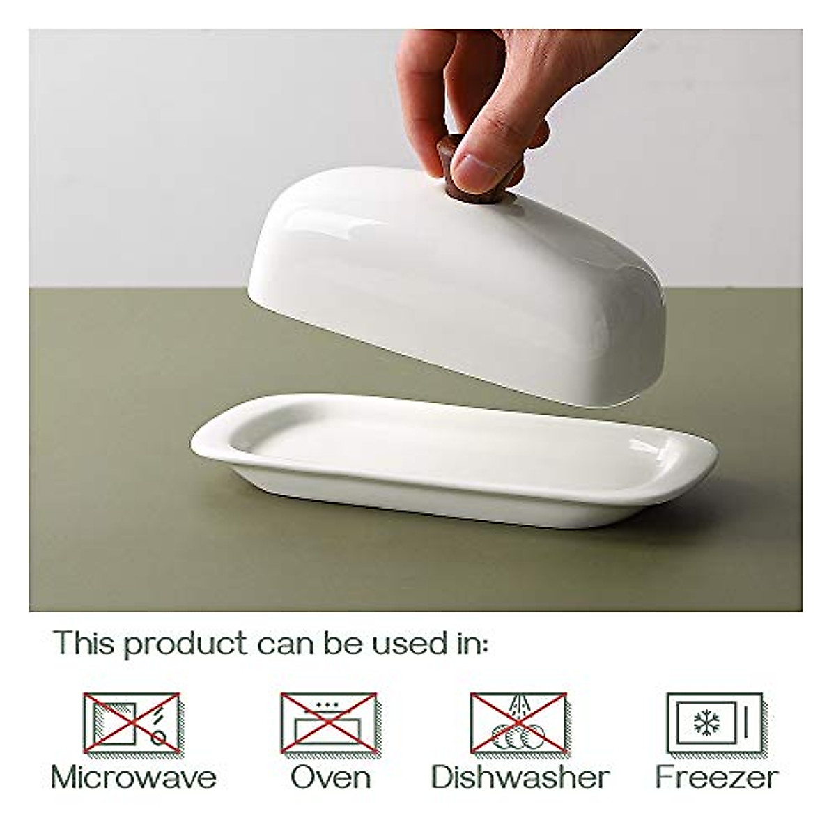 DOWAN Butter Dish with Lid, Ceramic Butter Keeper, 8 Inch Farmhouse Butter Holder with Handle Cover, Butter Container Perfect for East West Coast Butter, White