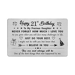 FALOGIJE 21st Birthday Card Gifts for Daughter, Birthday Gifts for 21 Year Old Daughter, Engraved Metal Wallet Card